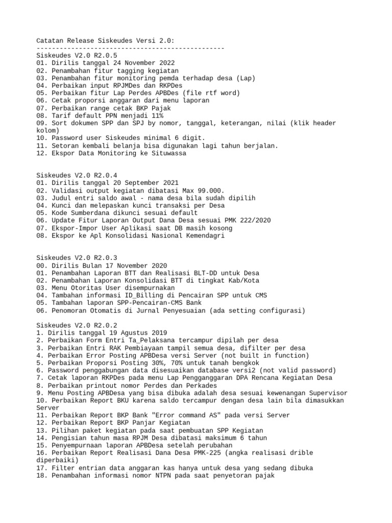Catatan Release Siskeudes | PDF
