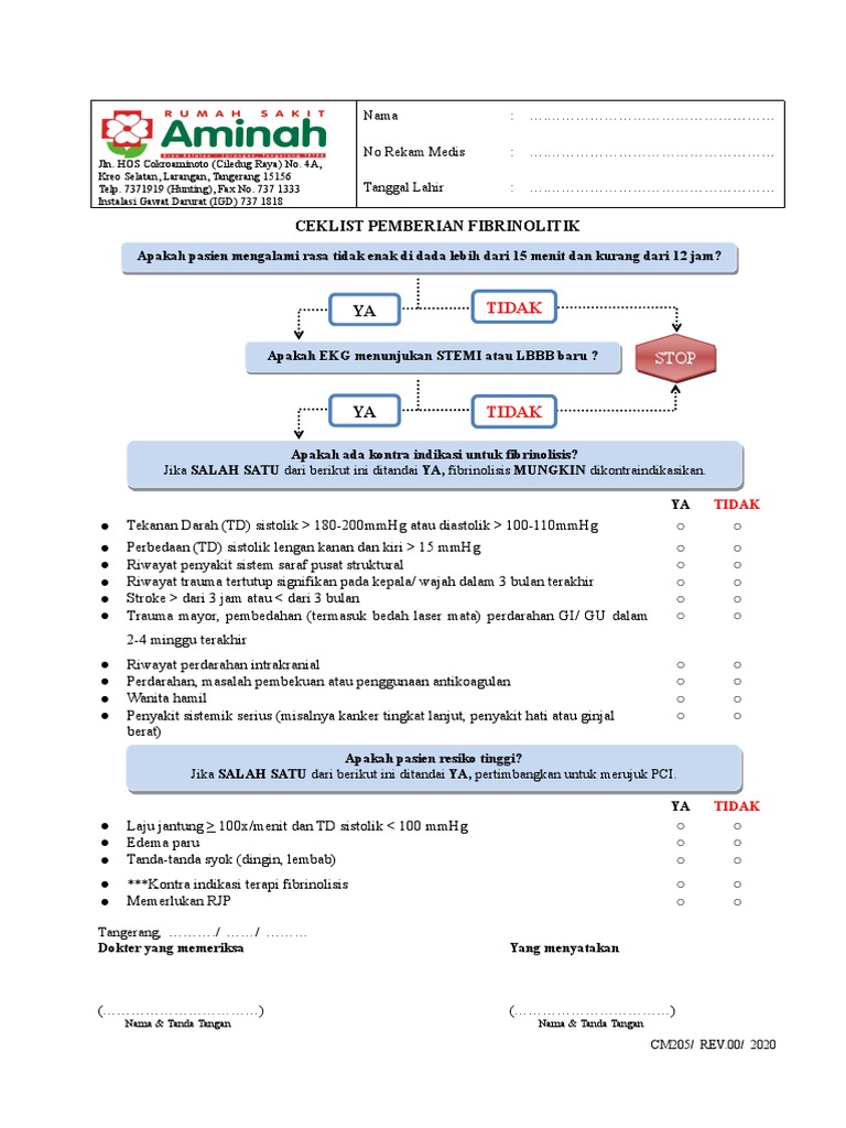 FIBRINOLYTIC CHECKLIST FOR STEMI (NEW) - Fix | PDF