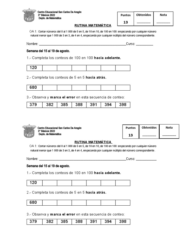Rutina Matemática Oa 1 | PDF