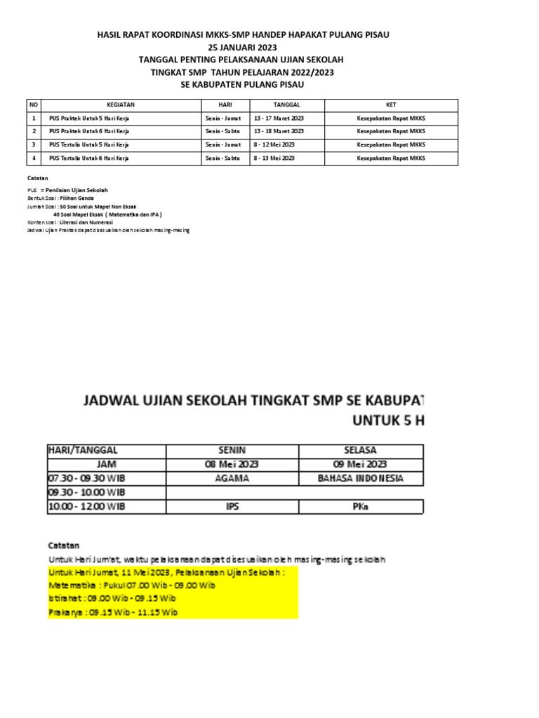 Jadwal Ujian Sekolah 2023 | PDF