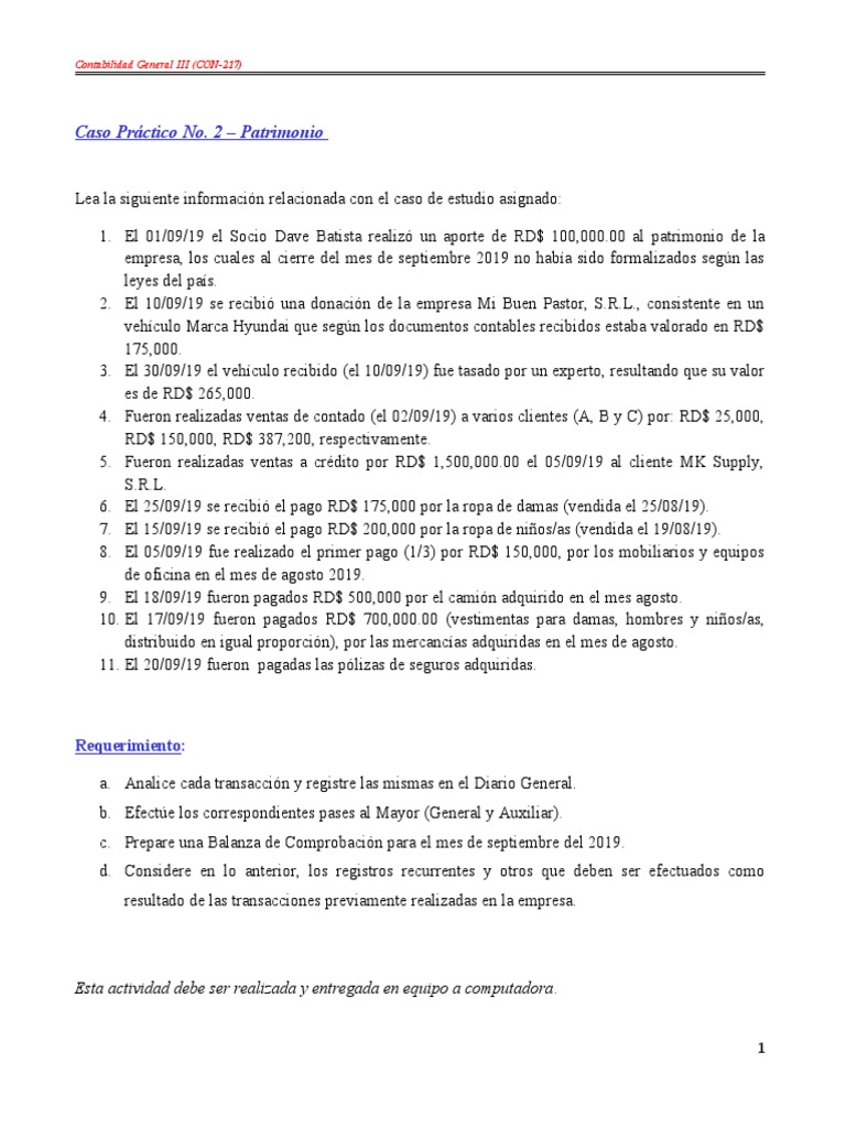 Caso PrÃ¡ctico No. 2, Patrimonio | PDF