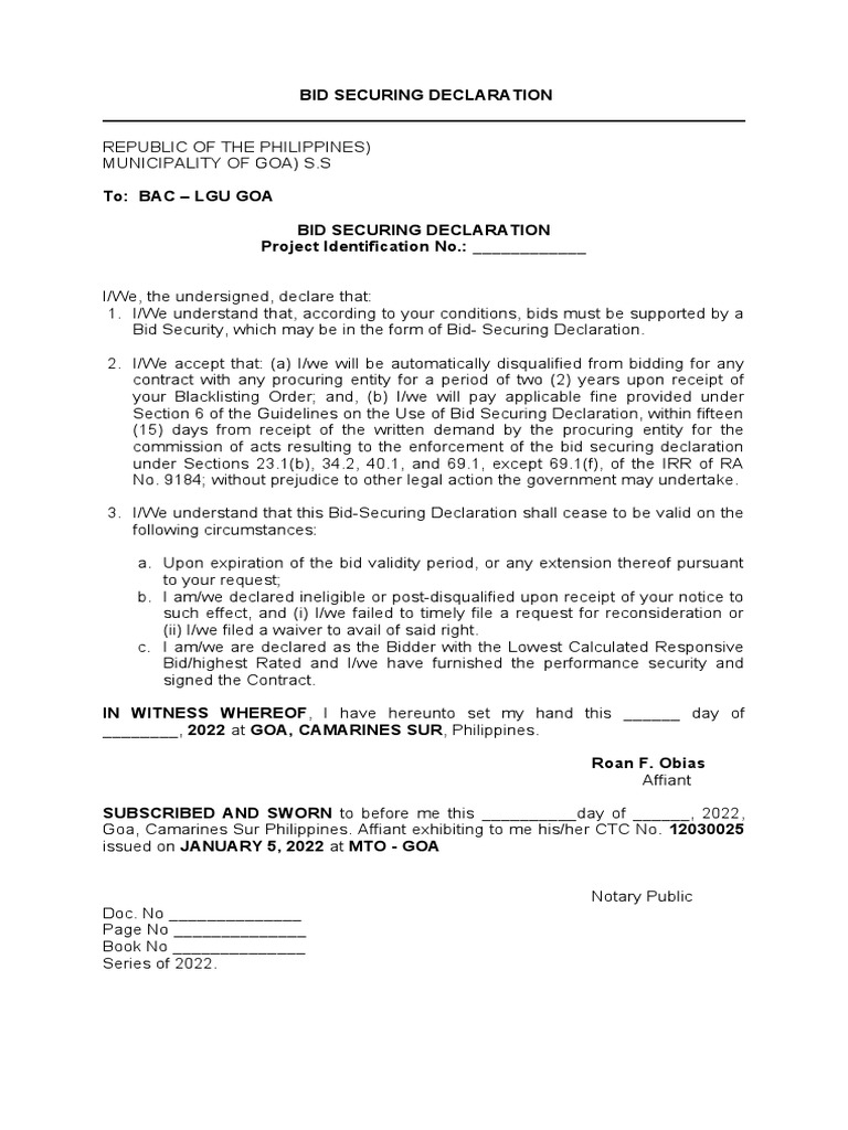 Bid Securing Declaration For Lgu | PDF | Affidavit | Civil Law (Common Law)