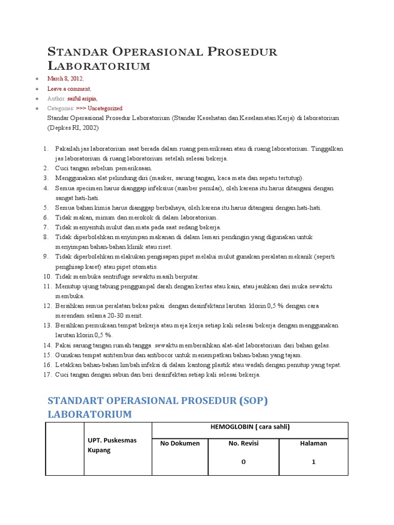 Standar Operasional Prosedur Laboratorium Bieu | PDF