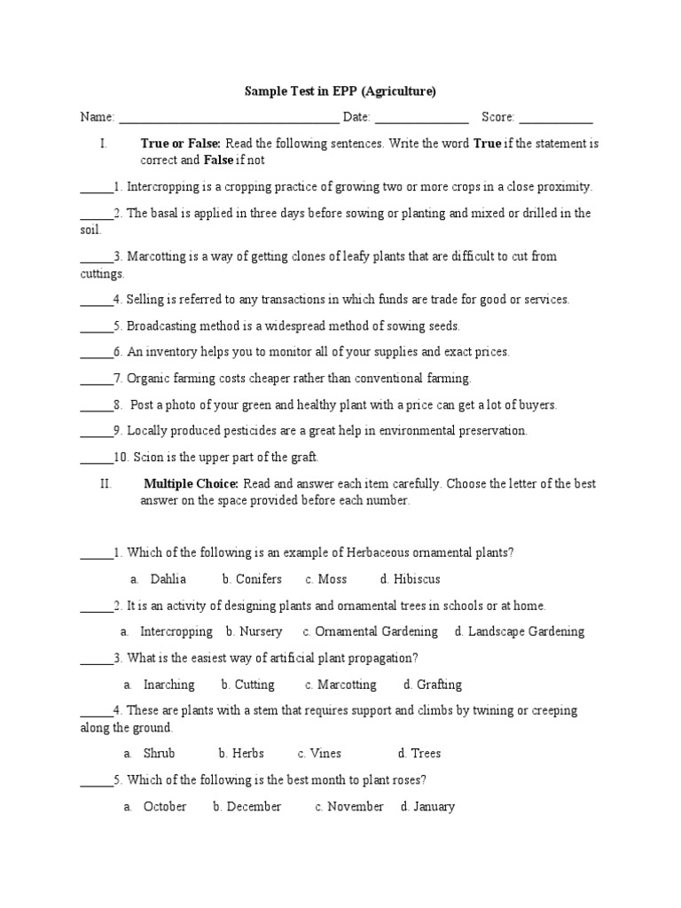 EPP Sample Test for Agriculture Students | PDF | Grafting | Plants