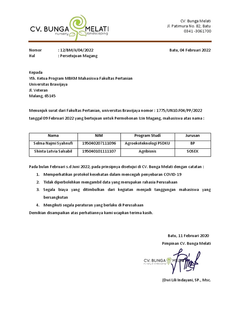 Surat Balasan Program MBKM FP UB Gelombang 3-1 | PDF