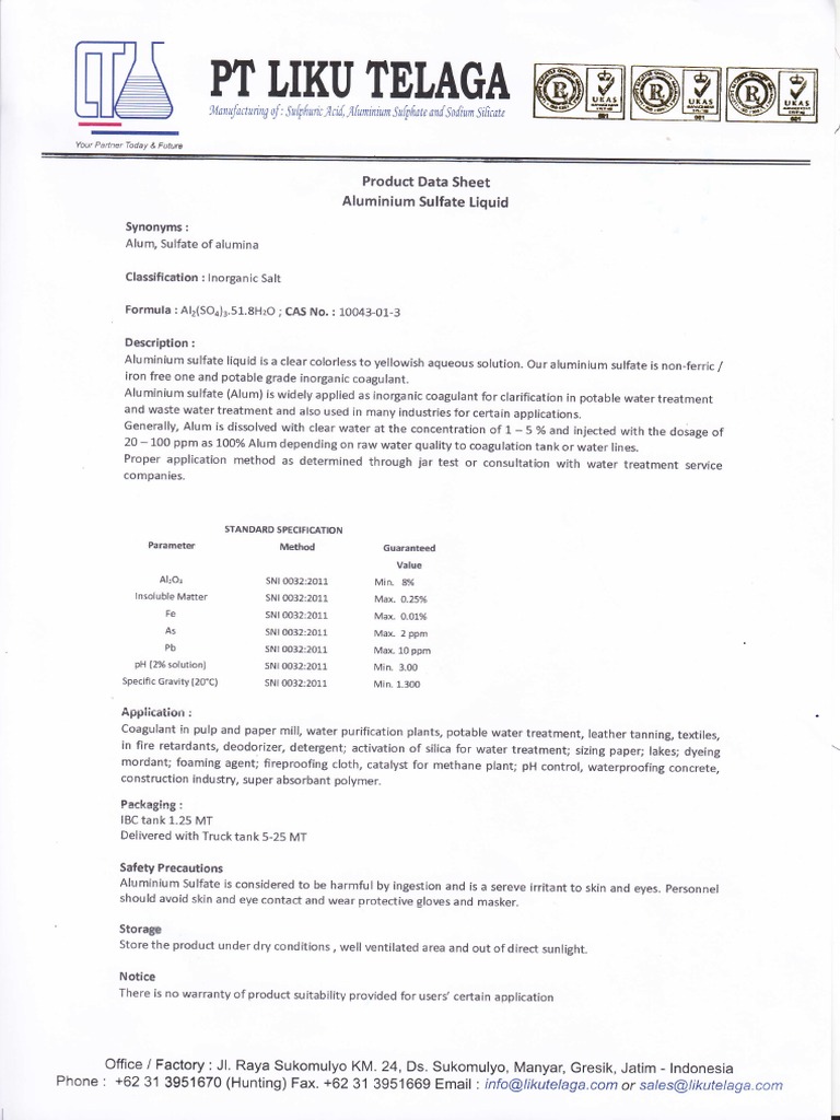 PDS Aluminium Sulfate Liquid PDF | PDF | Water | Aluminium