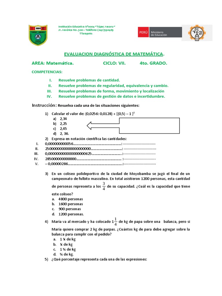 EVALUACIÓN DIAGNÓSTICA. MATEMÁTICA 2023. | PDF | Matemática Elemental | Matemáticas