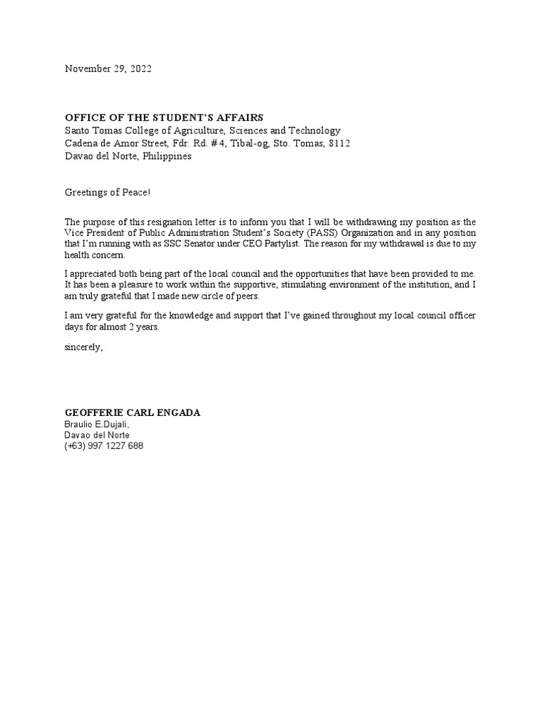 Withdrawal Letter | PDF | Wellness