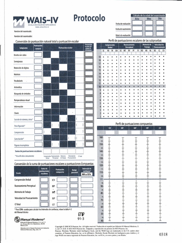 Protocolo Wais Iv Completo | PDF | Escala de inteligencia para adultos ...