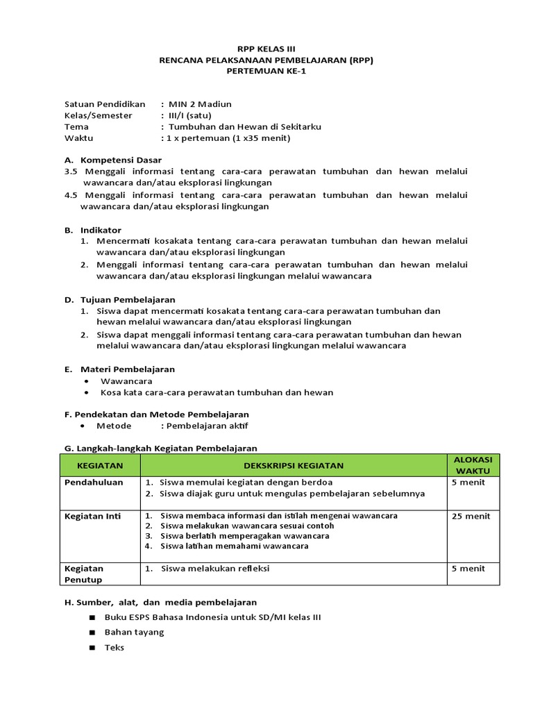 RPP Tema 2 - Pembelajaran 1 - ESPS Kelas 3 | PDF