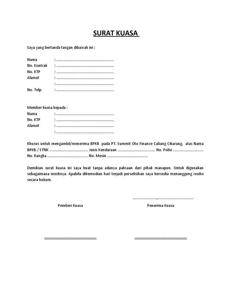 Contoh Surat Kuasa Pengambilan BPKB | PDF | Hukum