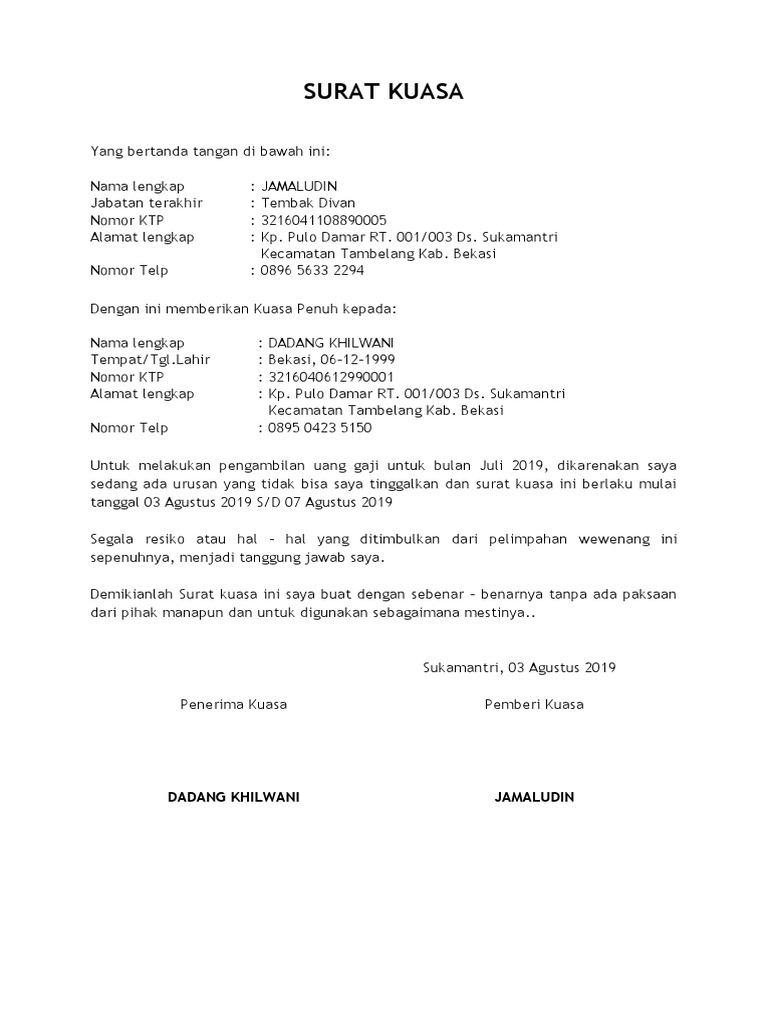 Surat Kuasa untuk Pengambilan Gaji Bulan Juli | PDF