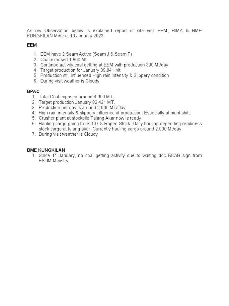 Summary Visit EEM - BIMA - BME Kungkilan 10 January 2023 | PDF | Energy Industry | Energy Production