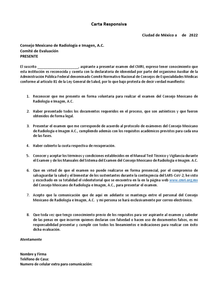 Carta Responsiva para Examen CMRI | PDF | México