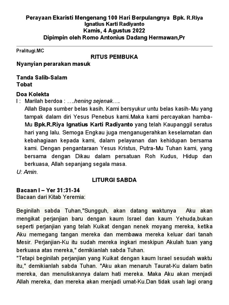 Misa Memule untuk Bpk. R. Riya | PDF
