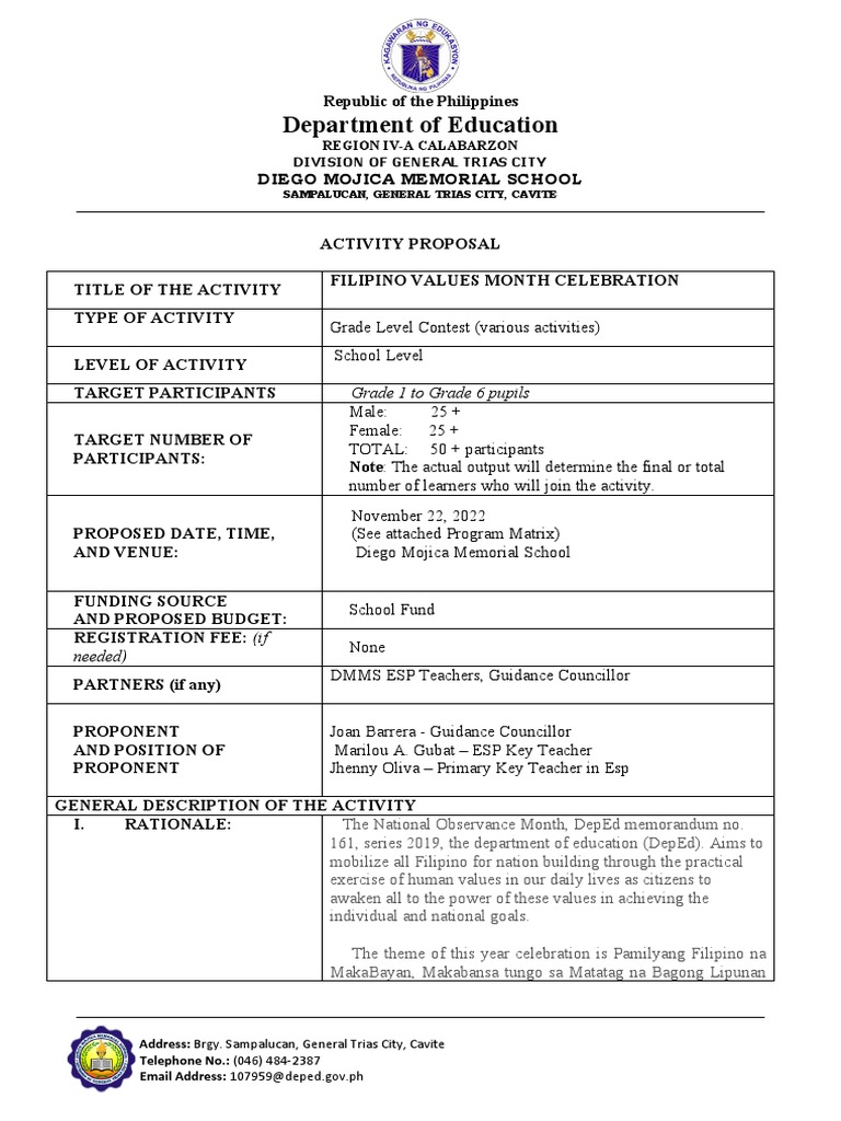 ACTIVITY PROPOSAL Filipino Values Month Celebration | PDF | Philippines
