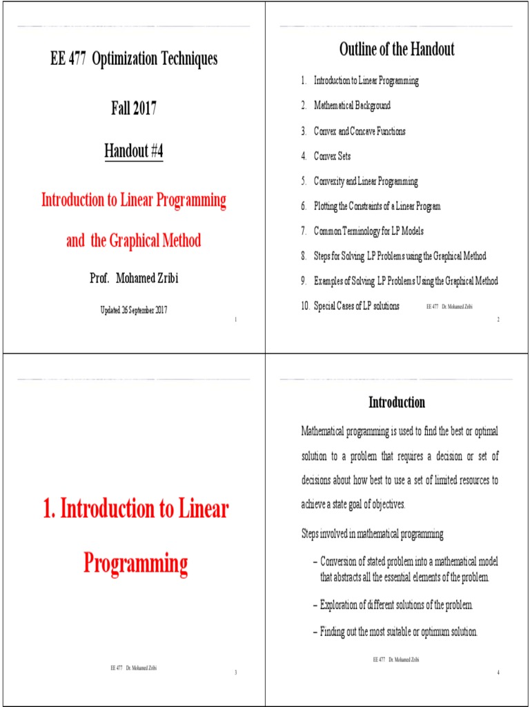 Introduction To Linear Programming: EE 477 Optimization Techniques Fall ...