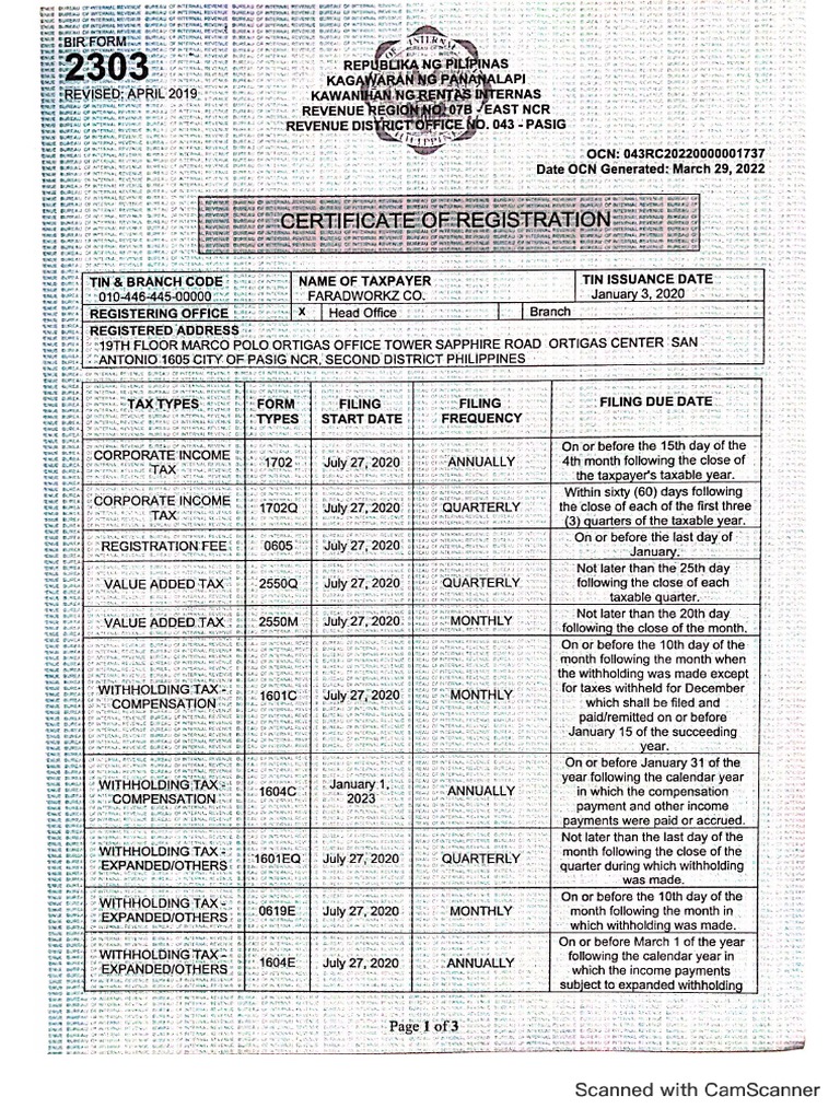 BIR Cert of Registration Pasig | PDF