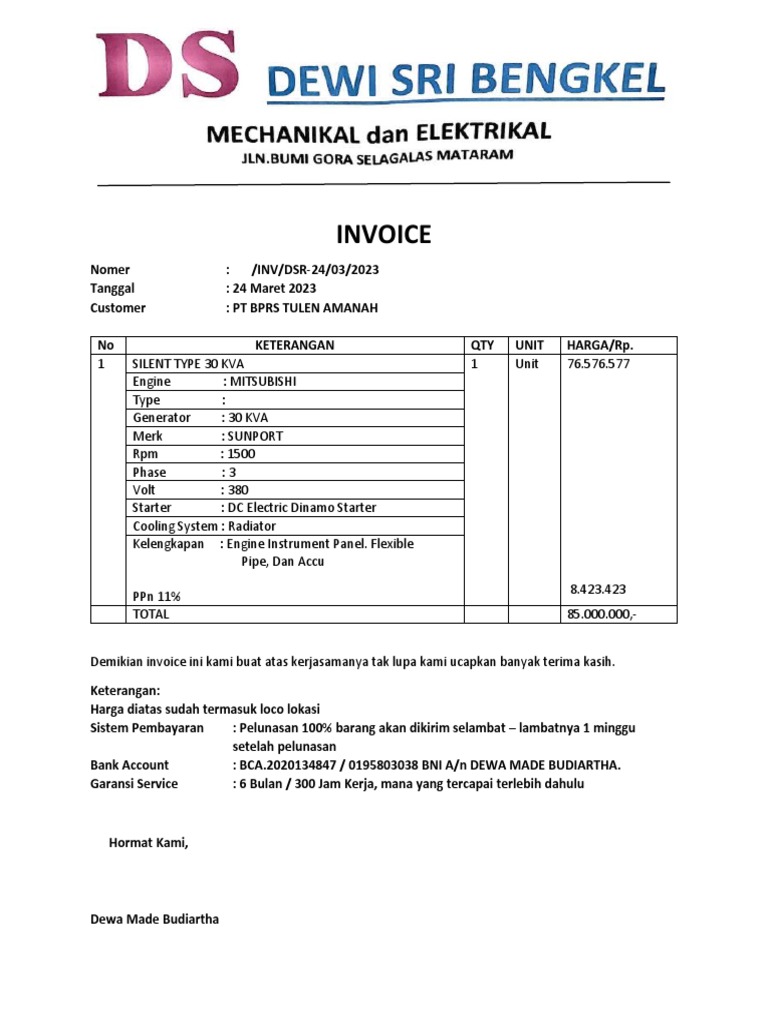 Invoice Genset | PDF