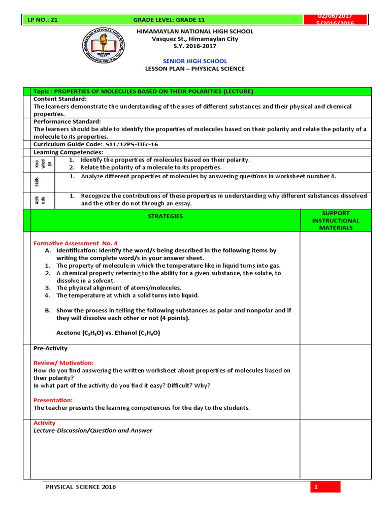 LP 21 Properties of Molecules Based On Their Structure Lecture | PDF | Chemical Polarity | Chemistry