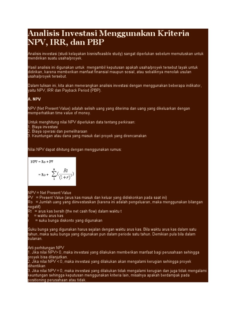 Pertemuan 3 - Analisis Investasi Menggunakan Kriteria NPV, IRR, Dan PBP ...