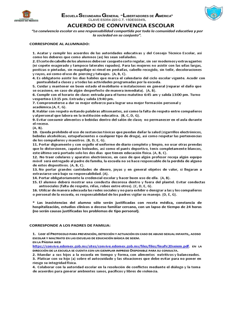 Acuerdo Escolar de Convivencia 2-23 | PDF
