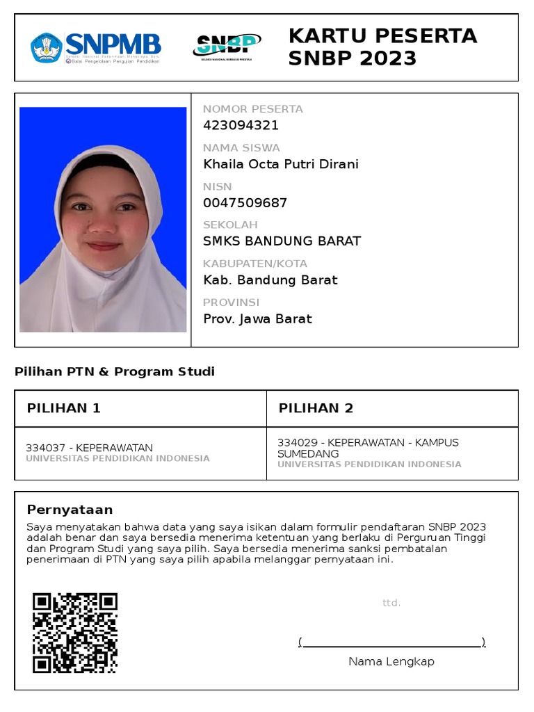 Kartu Peserta SNBP 2023 Khaila Dirani | PDF