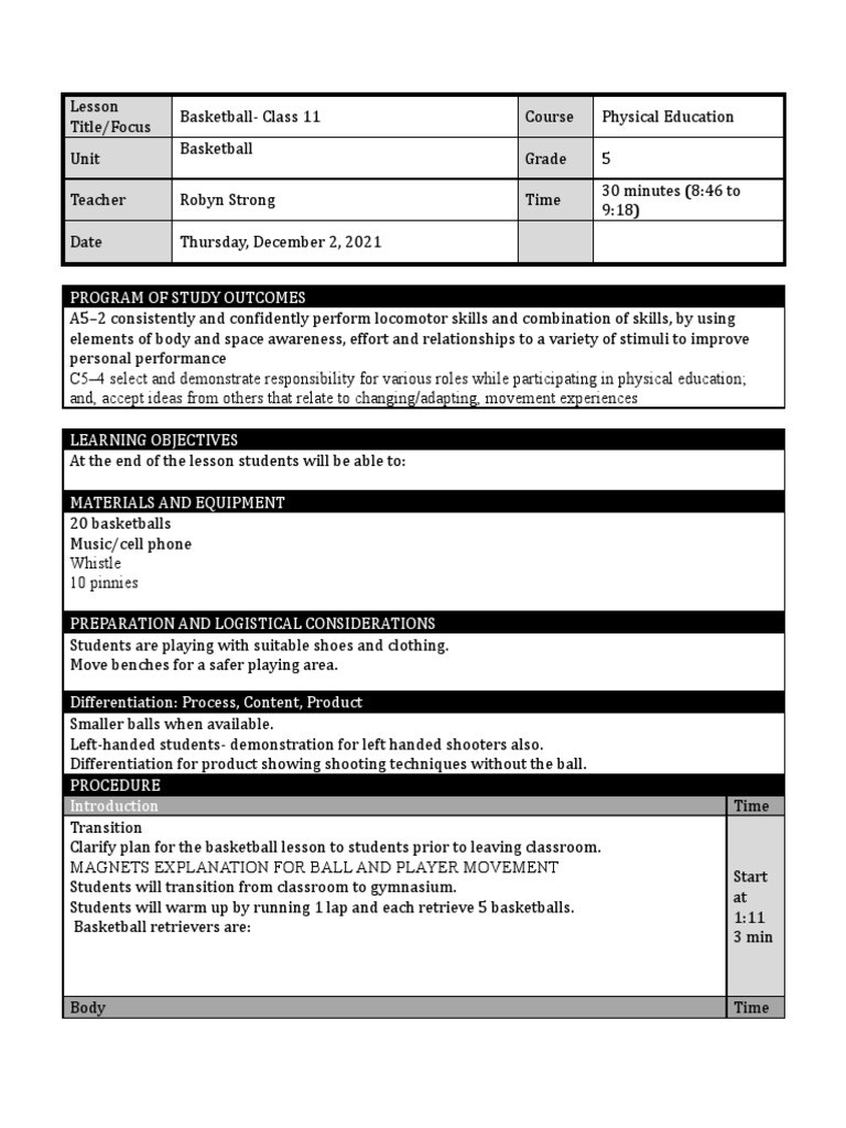 Class 11 Basketball Lesson Plan | PDF | Classroom | Physical Education