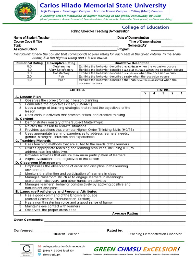Rating Sheet For Teaching Demonstration | PDF | Learning | Teaching Method