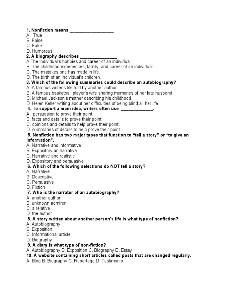 Nonfiction Types and Characteristics Quiz | PDF | Creative Nonfiction ...