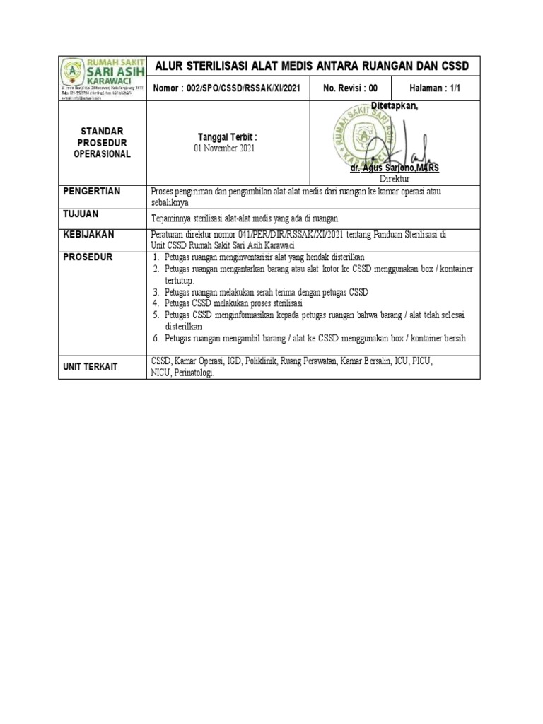 002 Spo Alur Sterilisasi Alat Medis Antara Ruangan Dan CSSD | PDF