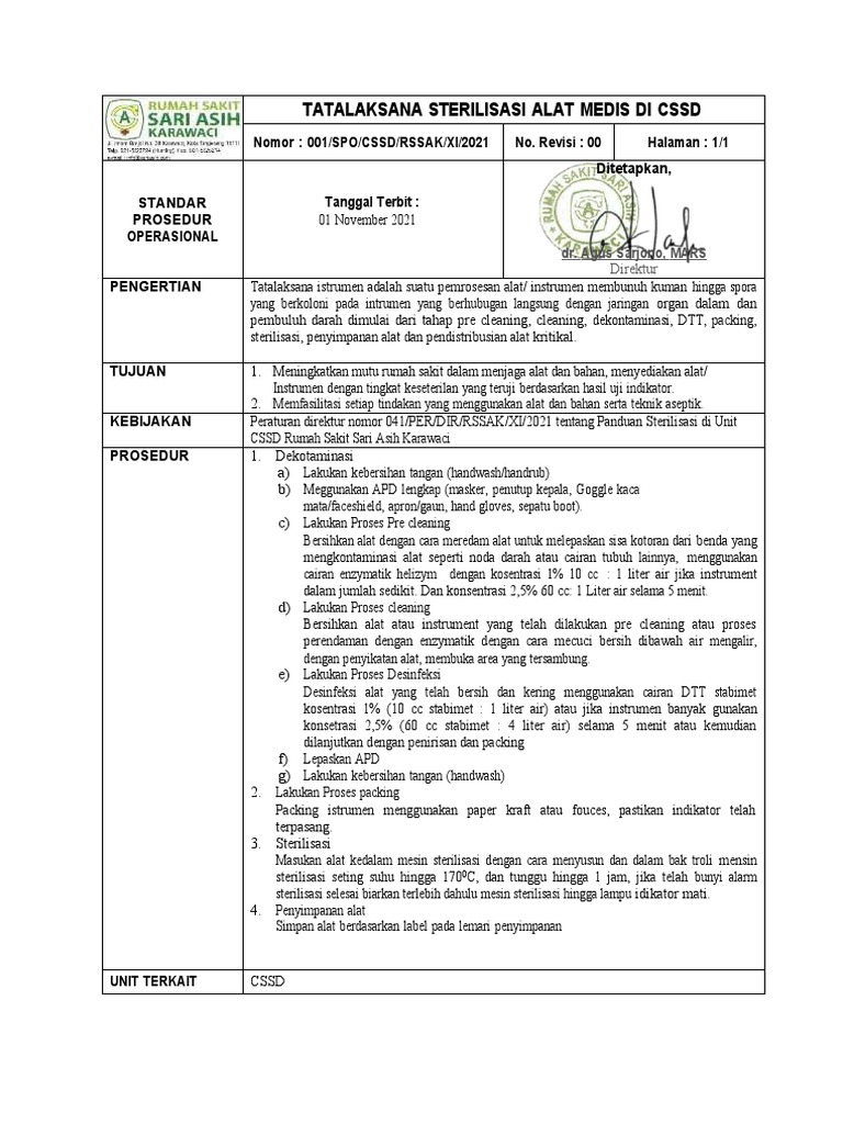 001 SPO TATALAKSANA STERILISASI ALAT MEDIS DI CSSD | PDF