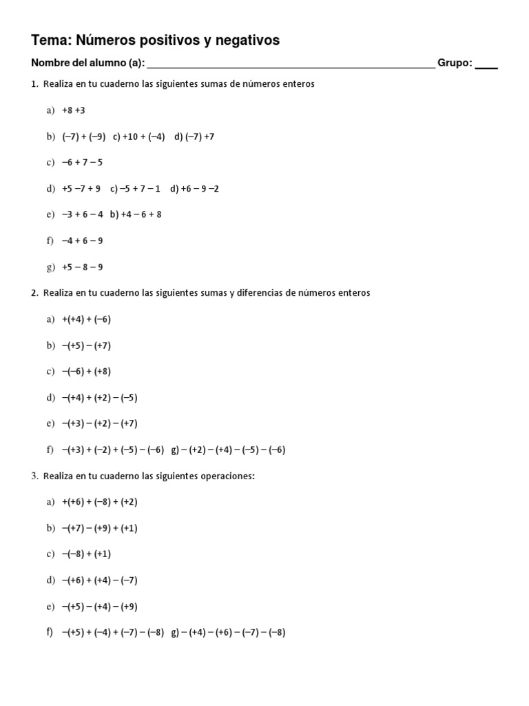 Ejercicios de Suma y Resta Enteros | PDF