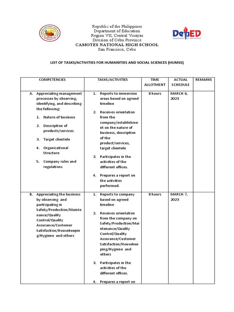 List of Tasks For Immersion For HUMSS | PDF | Teachers | Cognition