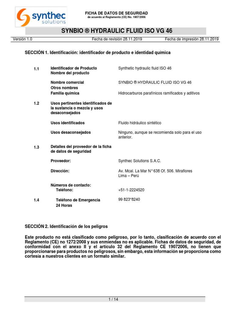MSDS SYNBIO® HYDRAULIC FLUID 46 (ES) v1.0 PDF | PDF | Residuos | Agua