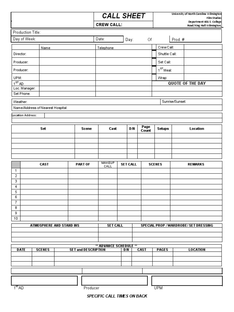 Call Sheet Template | PDF | Film Industry | Filmmaking