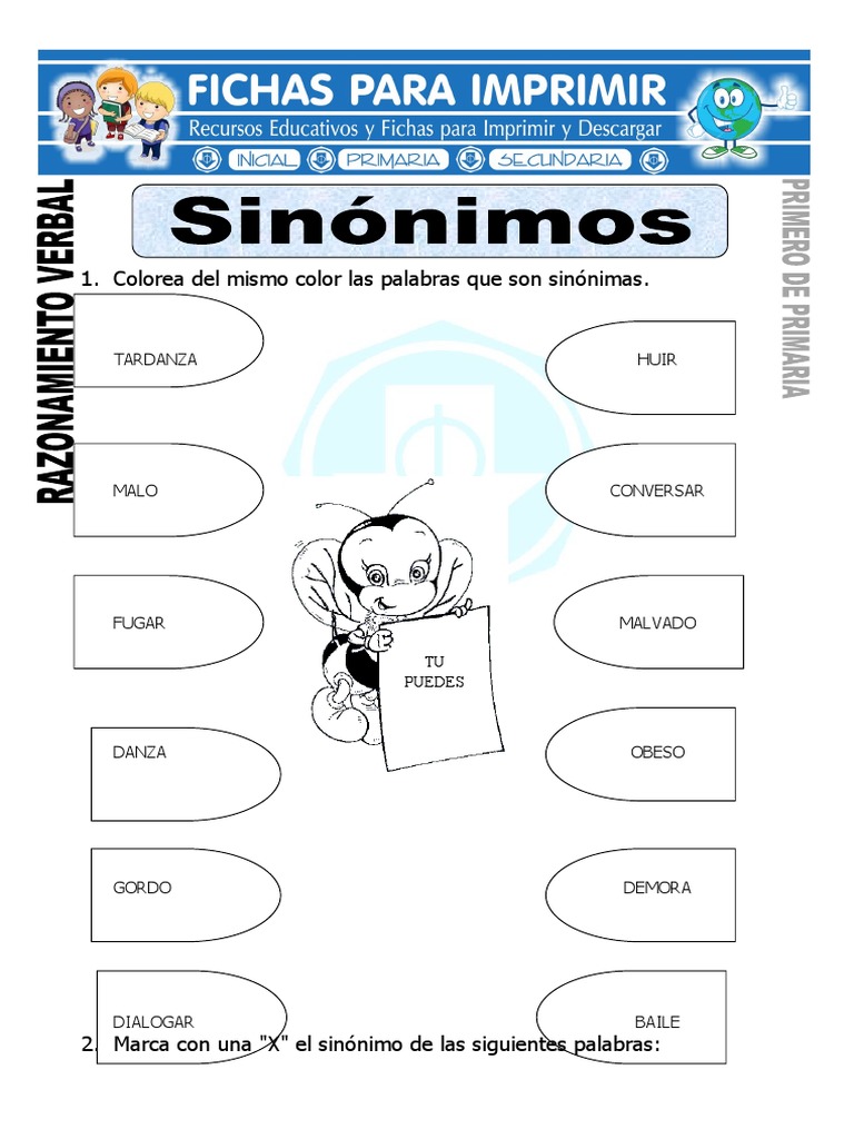 Ficha de Sinónimos para Primero de Primaria | PDF