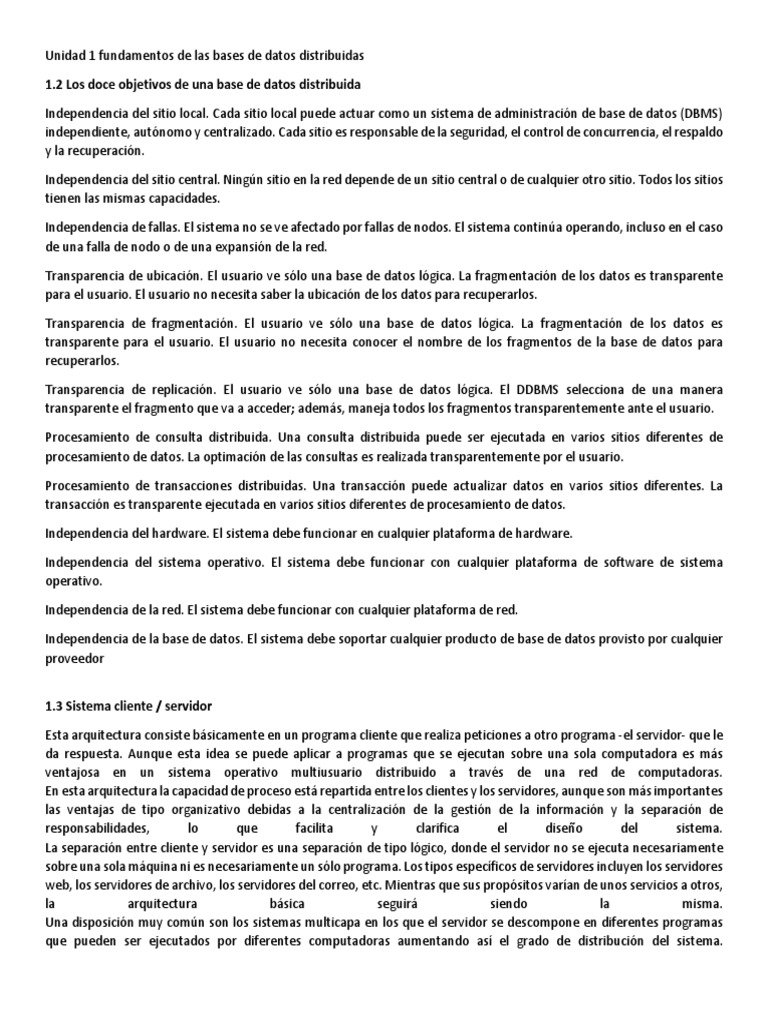 Unidad 1 Fundamentos de Las Bases de Datos Distribuidas | PDF | Modelo cliente-servidor ...