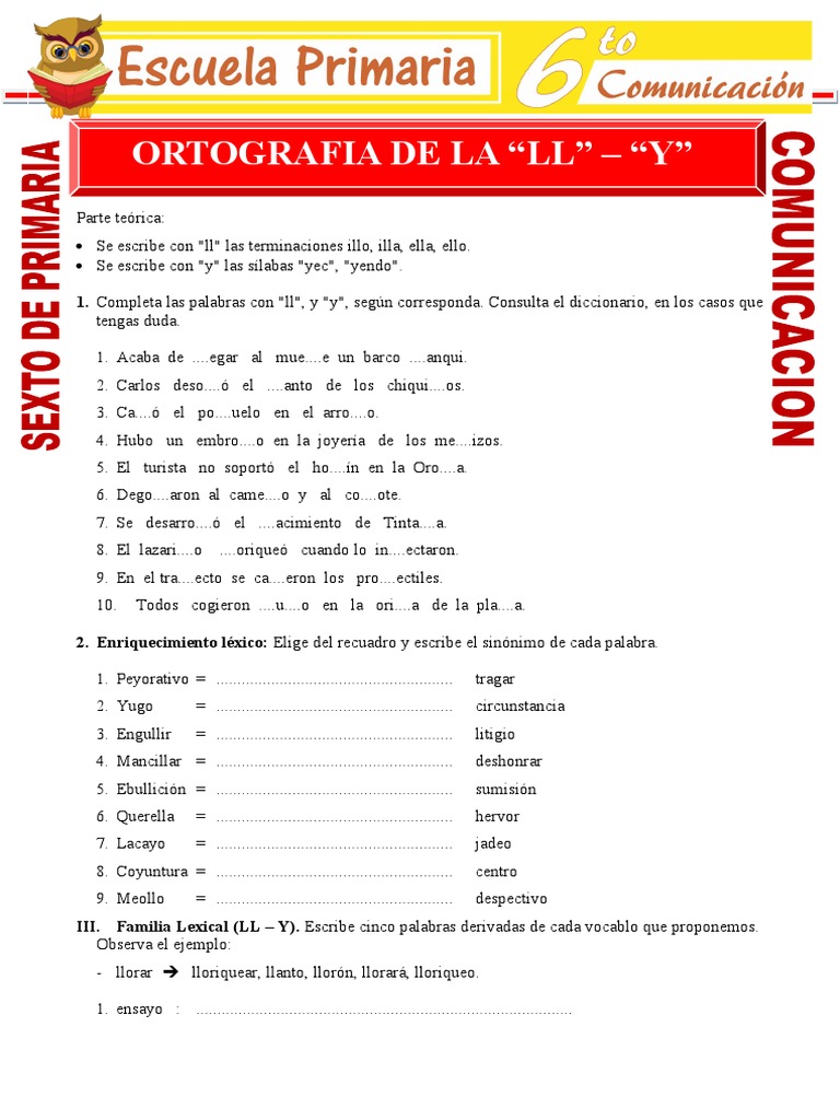 Ejercicios de ortografía: uso de "ll" y "y" | PDF