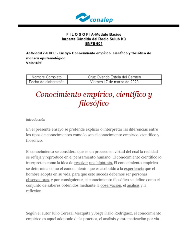 Actividad de Evaluaciòn-Ensayo-Conocimiento Empirico, Cientìfico y Filosófico PDF | PDF ...