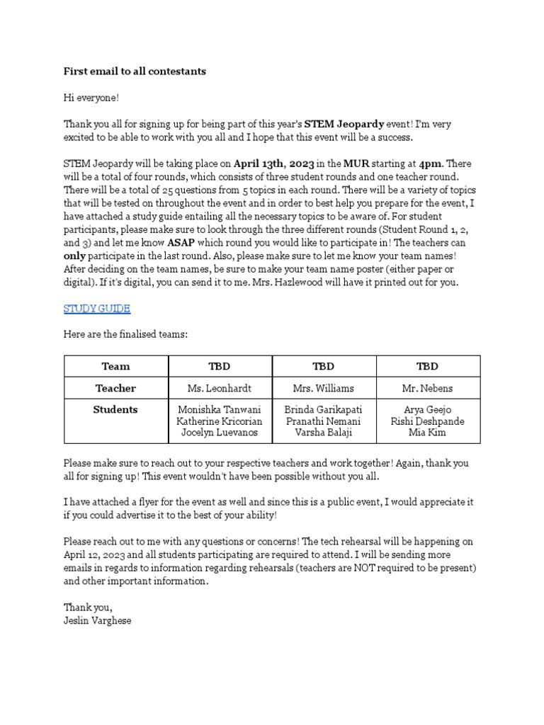 Stem Jeopardy Draft Emails | PDF | Communication
