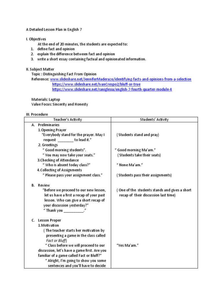 Lesson Plan: Fact vs. Opinion in English 7 | PDF | Rainbow