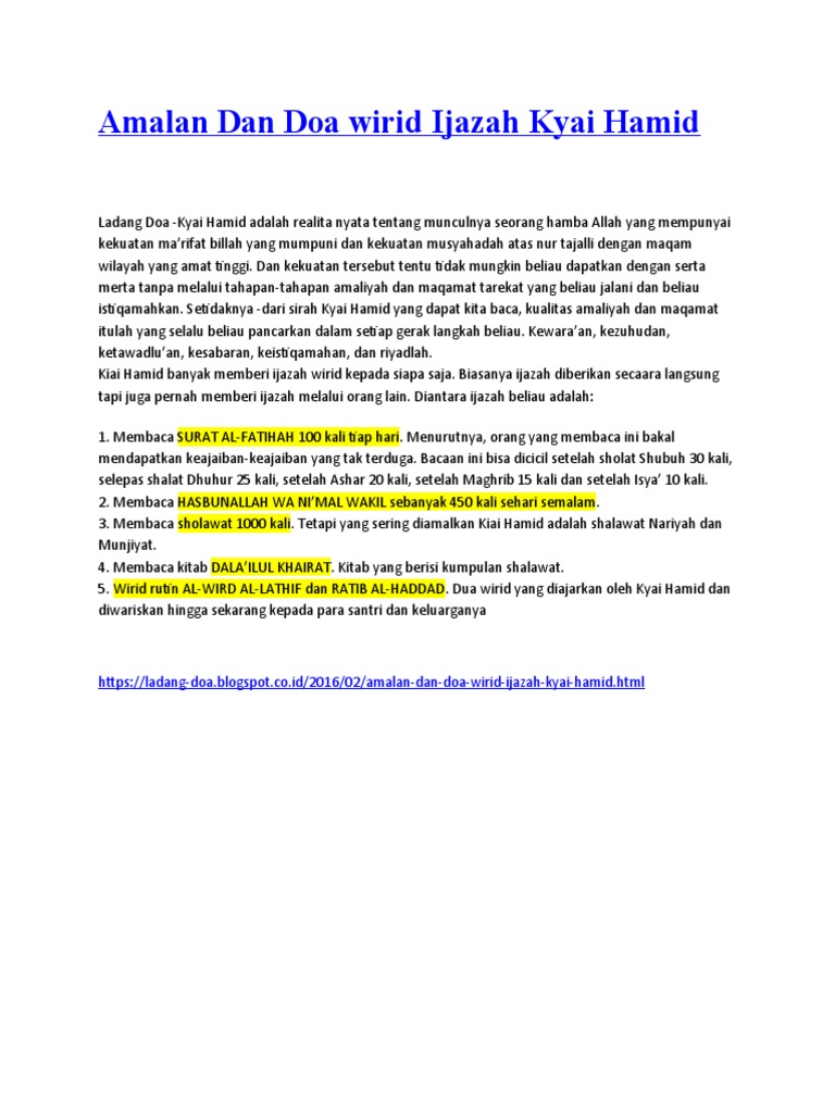 Amalan Dan Doa Wirid Ijazah Kyai Hamid | PDF