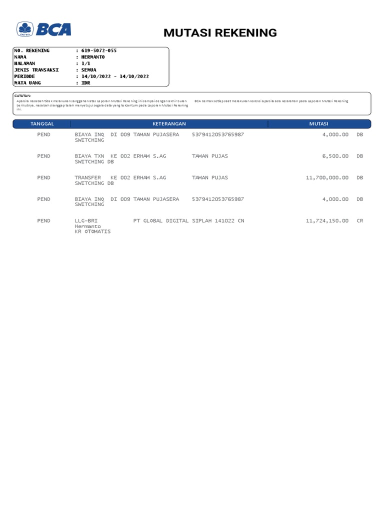 Contoh Mutasi Bca | PDF
