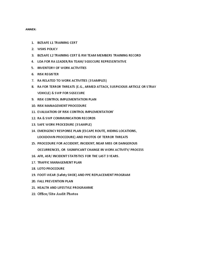 Annex List For bizSAFE RM Audit | PDF