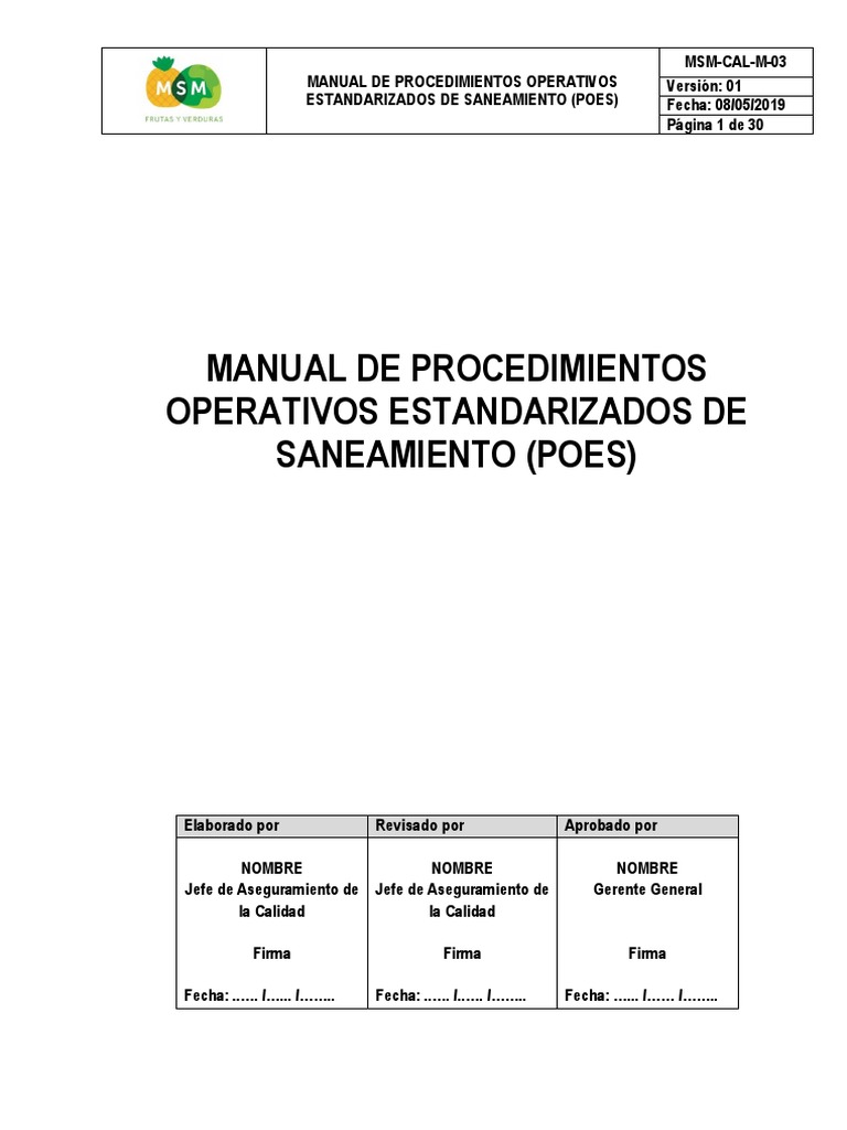 Manual POES para Saneamiento en Alimentos | PDF | Alimentos | Agua