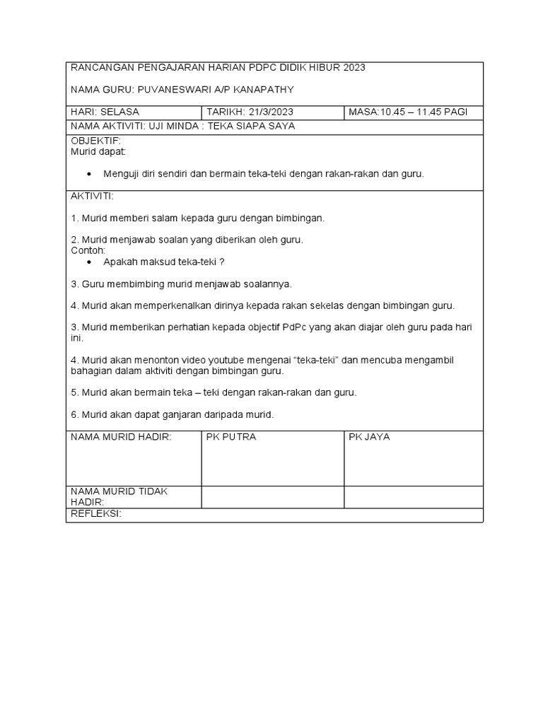Rancangan Pengajaran Harian PDPC Didik Hibur 2023 - 3 | PDF