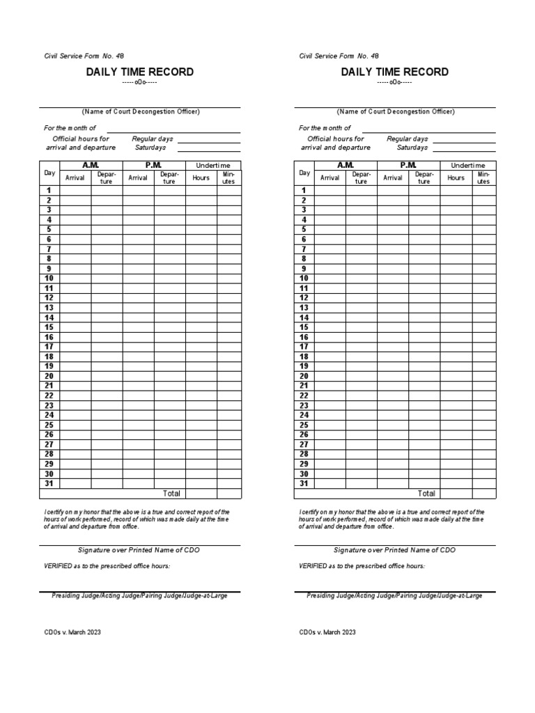 New CSCForm48 - DailyTimeRecord (DTR) CDOs V March 2023 | PDF ...