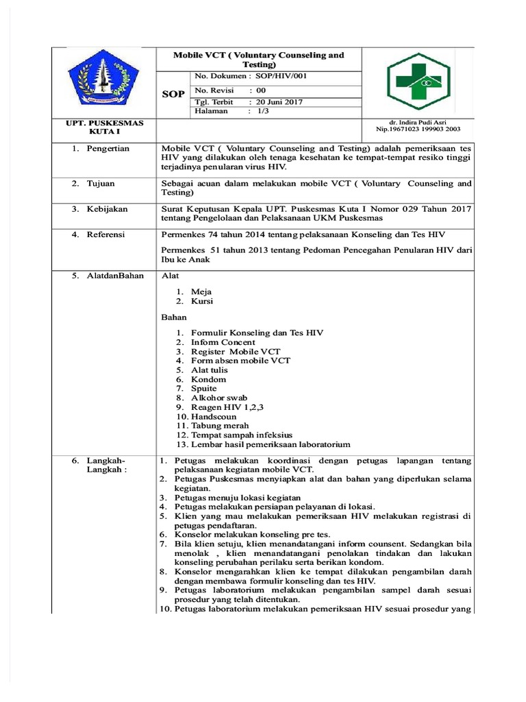 Sop Mobile Klinik VCT | PDF