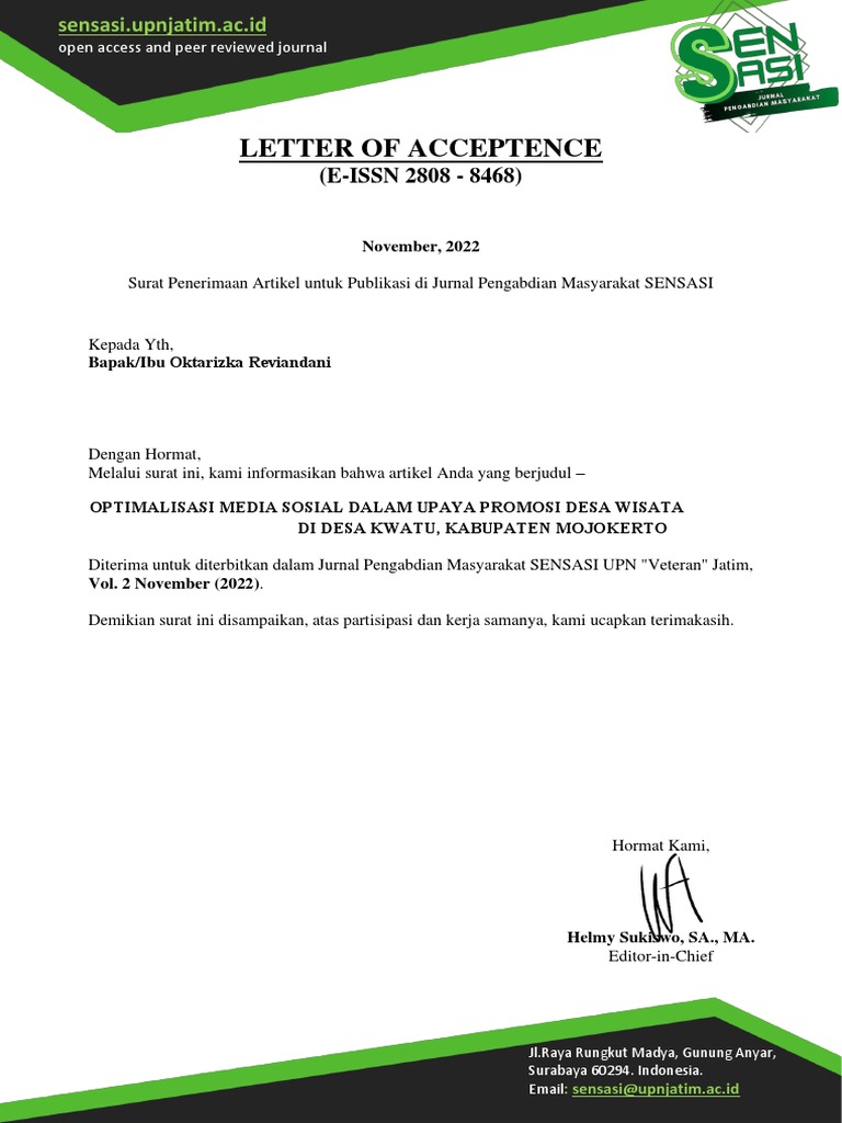LETTER OF ACCEPTENCE - Oktarizka Reviandani | PDF